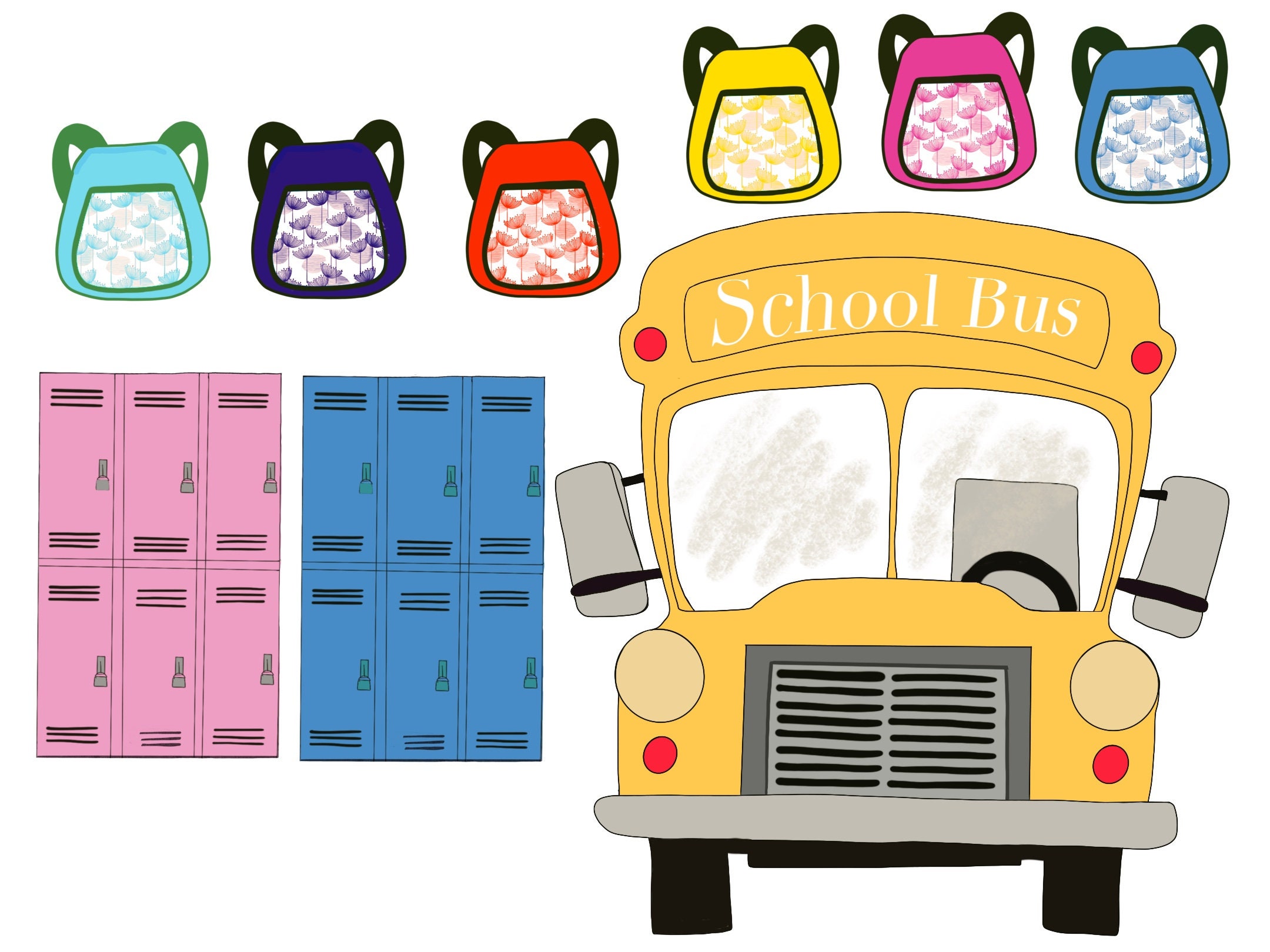 School Scene Girl Clipart, Bus Clipart, Back to School Clipart, Digital ...