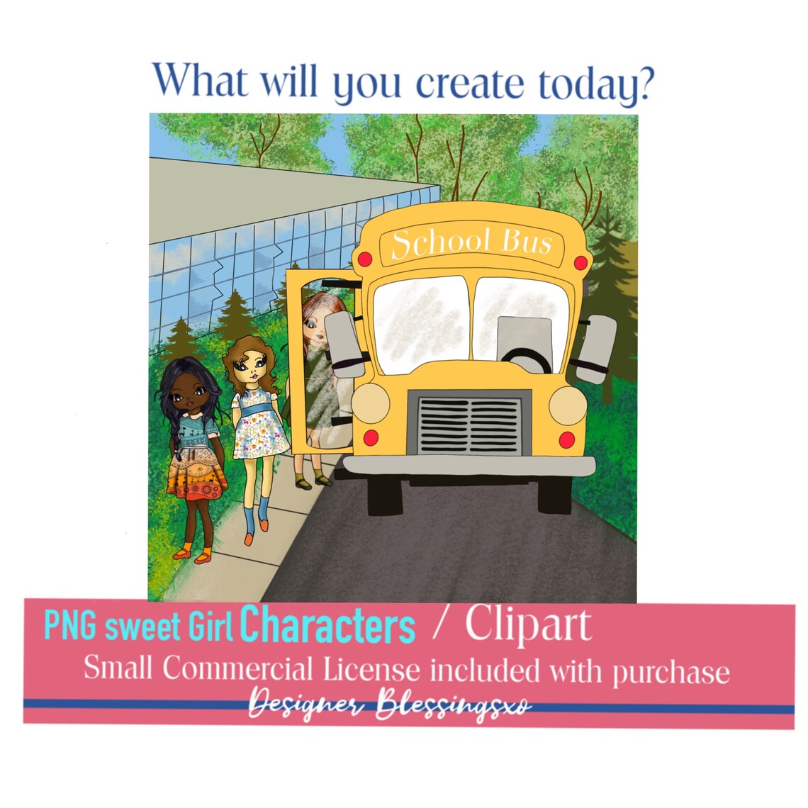 School Scene Girl Clipart Bus Clipart Back to School - Etsy