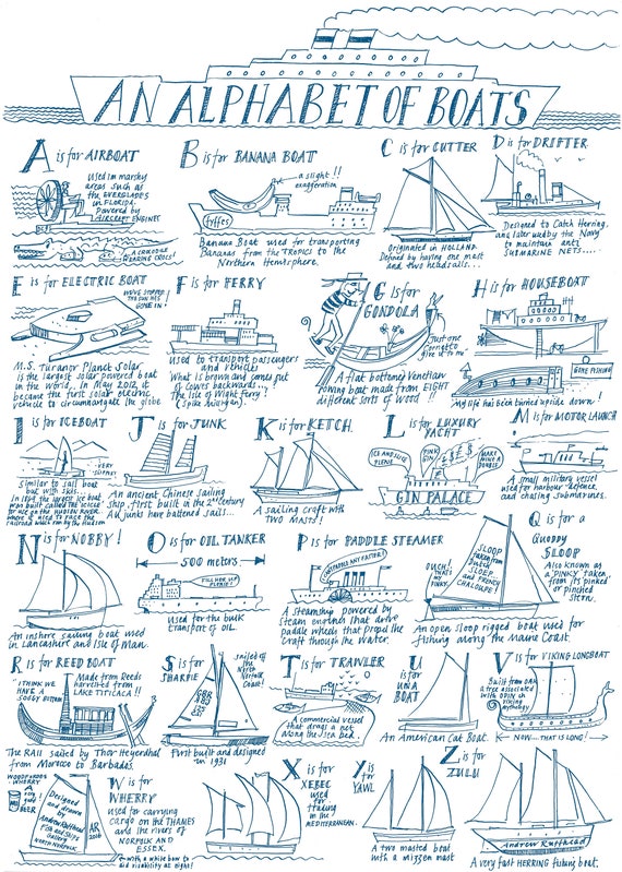 Alphabet of Boats Blue on White | Etsy