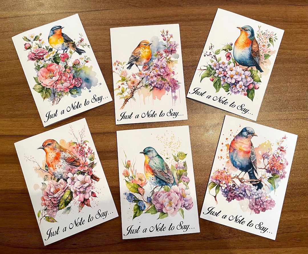 Pack of 6 Notelet Cards With Envelopes, Birds and Flowers, Blank or ...
