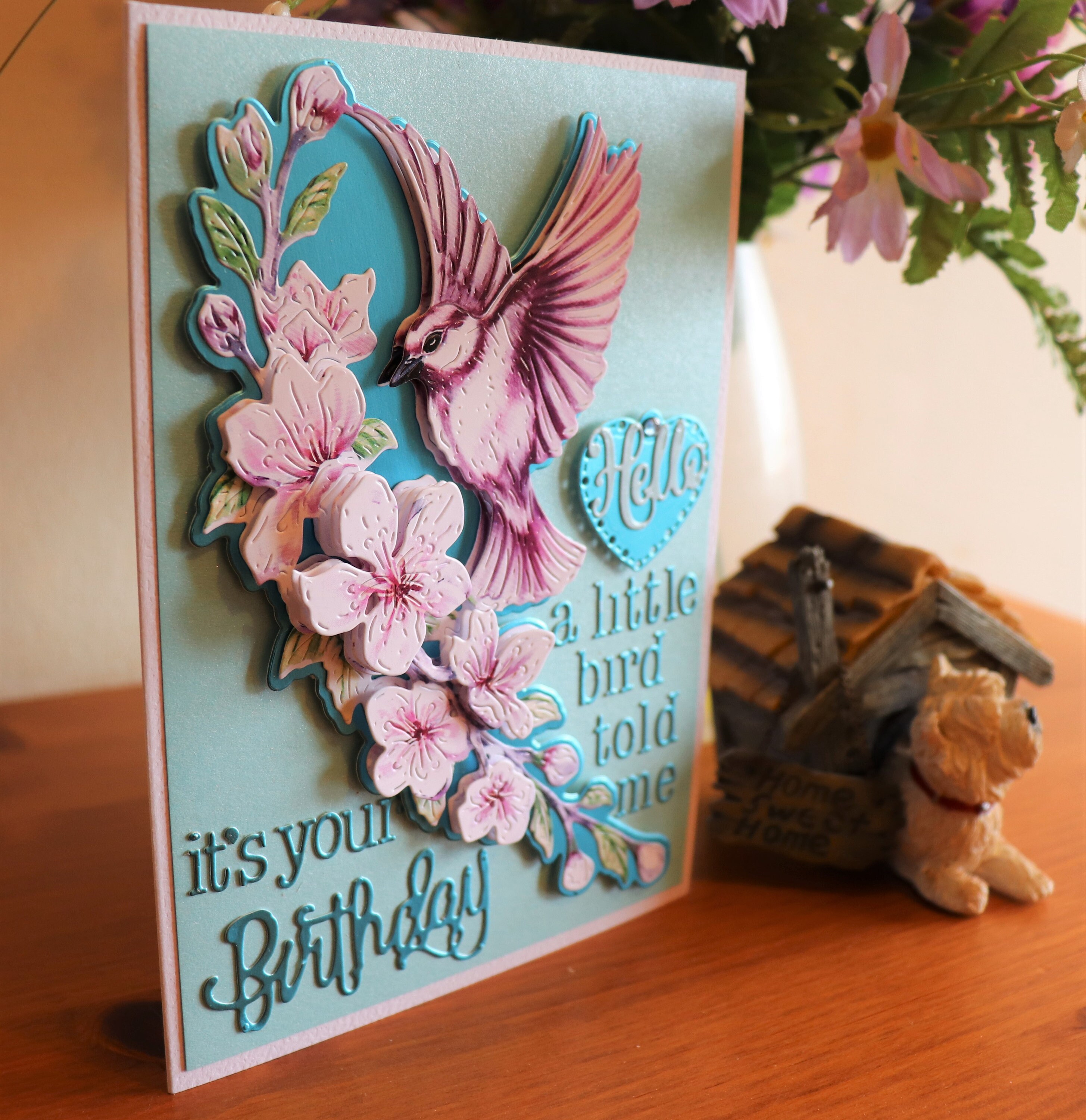 Unique Handmade Birthday Card 3D Decoupage Bird Cherry Blossom