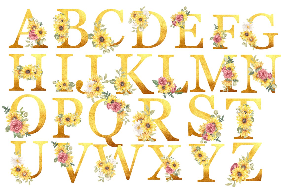 Sunflower alphabet floral alphabet and numbers sunflowers | Etsy