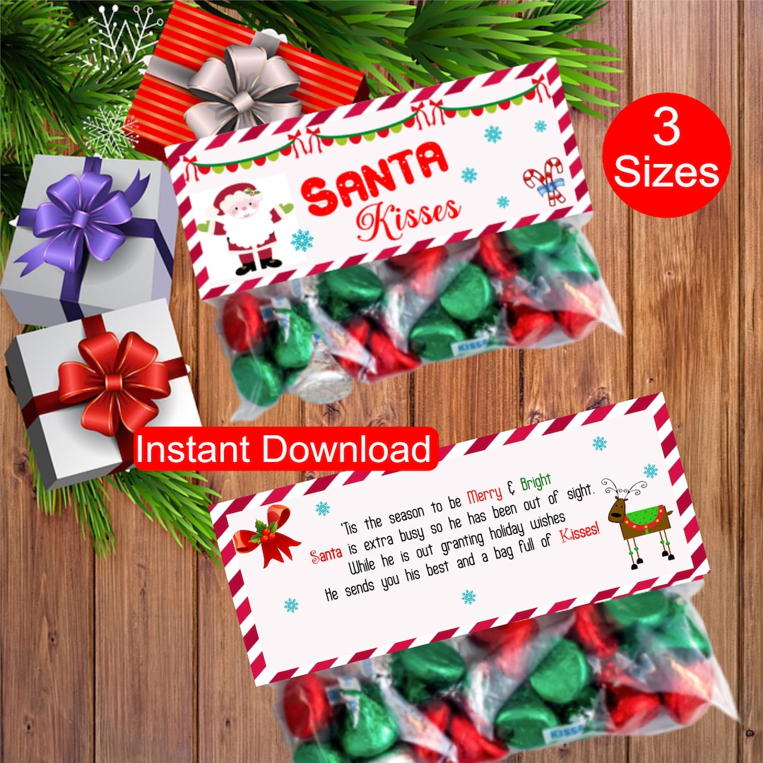 Santa Kisses Christmas Treat Bag Topper, Christmas Bag Topper, Kisses ...