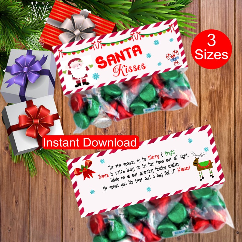 Santa Kisses Christmas Treat Bag Topper, Christmas Bag Topper, Kisses ...