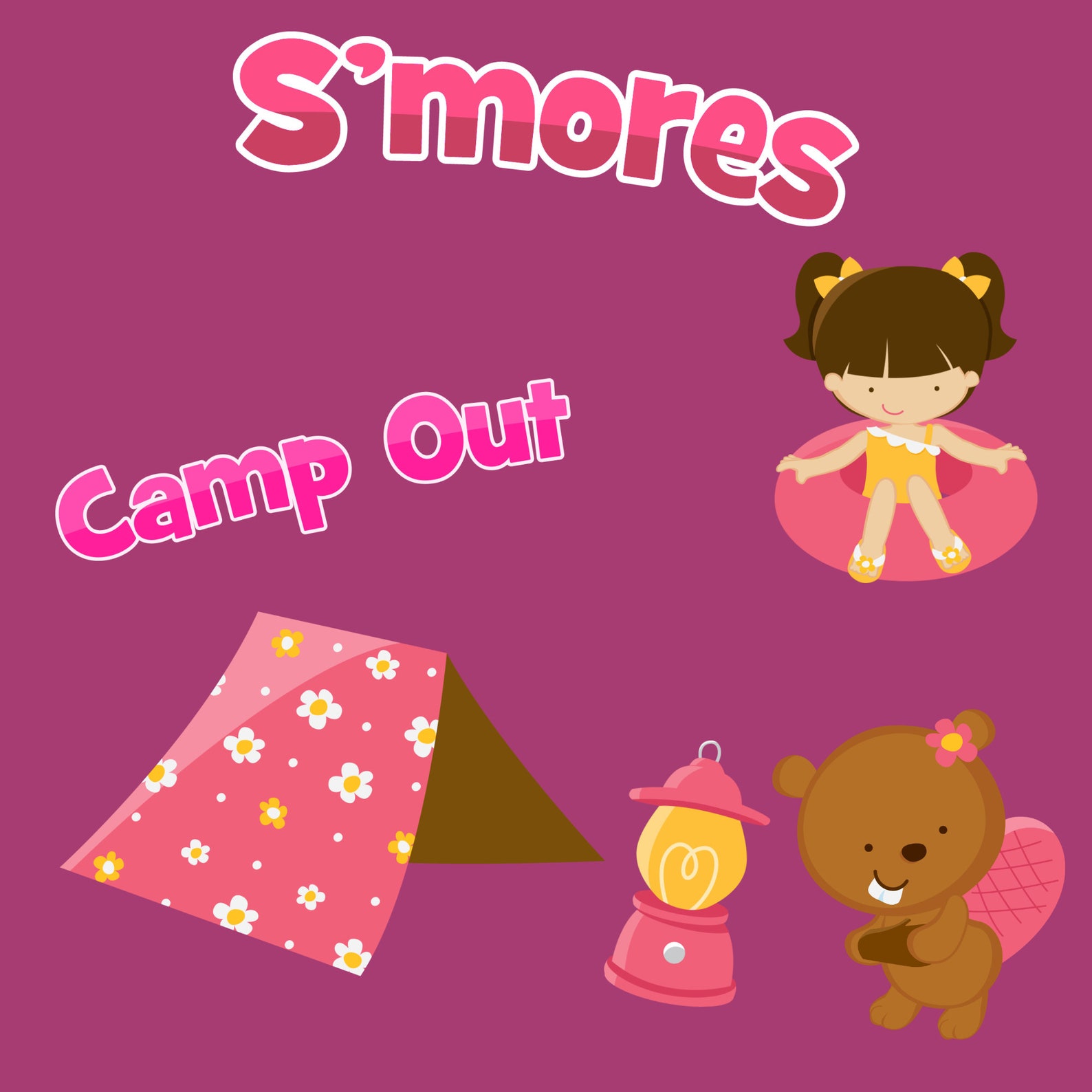 Pink Camping Clipart, Summer Camping Clipart, Campfire, Tent, Camper ...