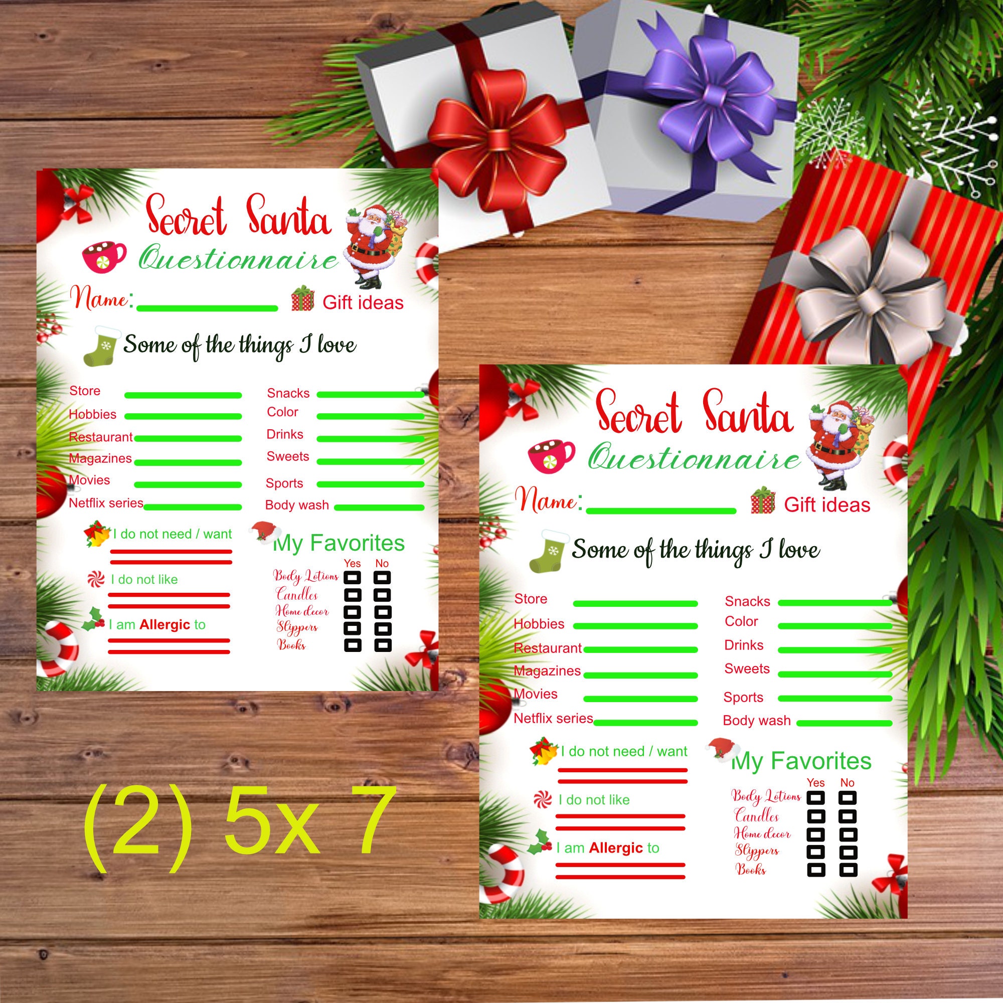 Secret Santa Questionnaire Printable -PDF Instant Download - Etsy