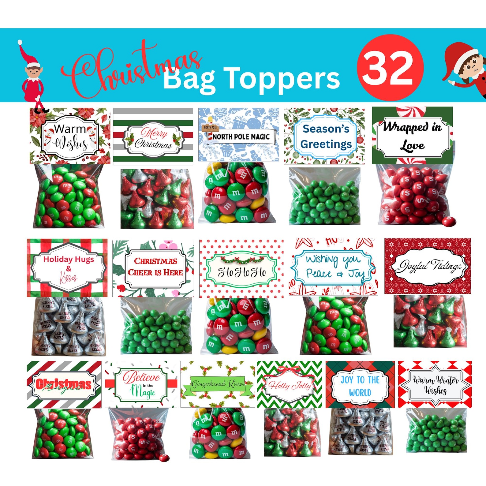 32 Christmas Treat Bag Toppers: Printable Goody Bag Decorations (digital Download) - Etsy