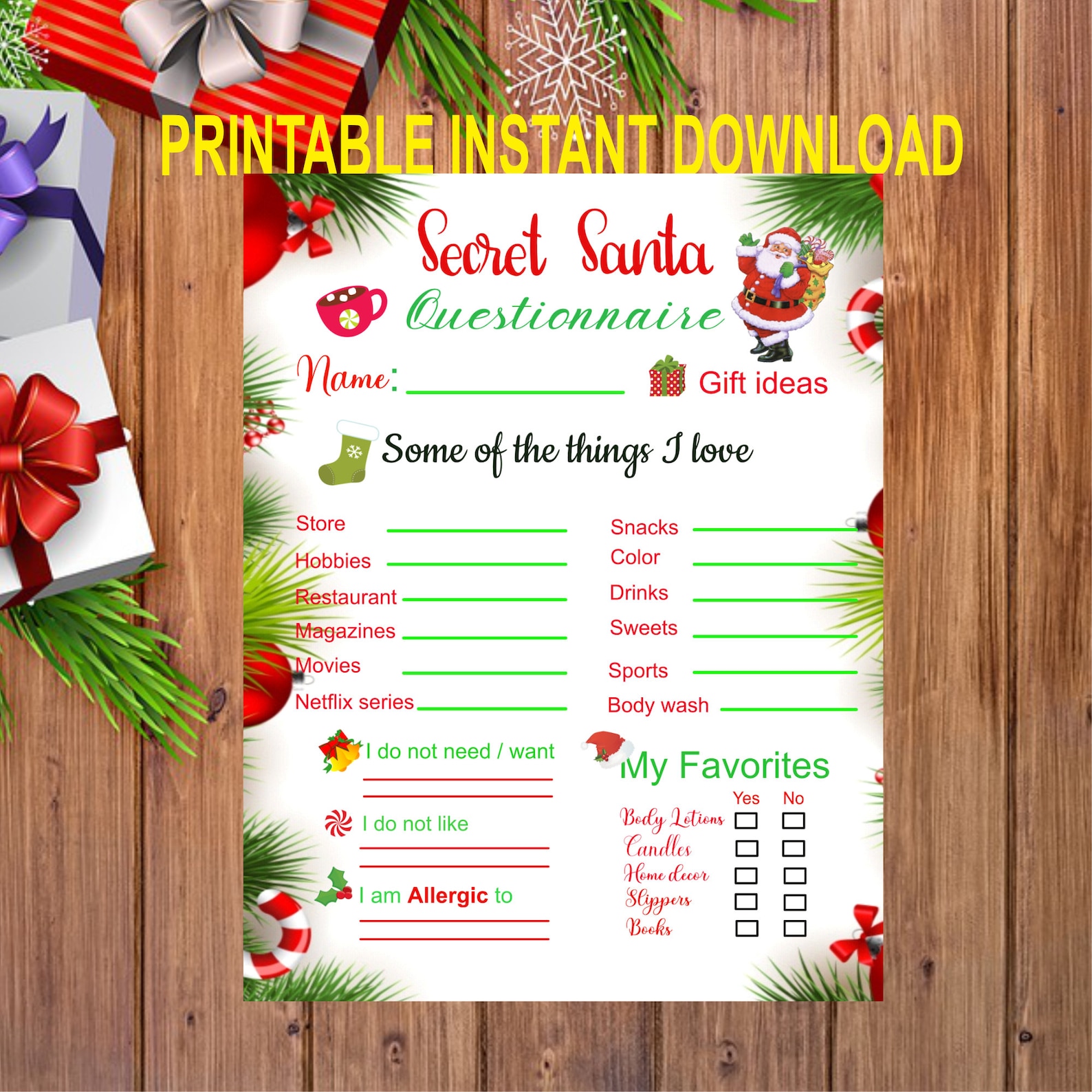 Secret Santa Questionnaire Printable -PDF Instant Download - Etsy
