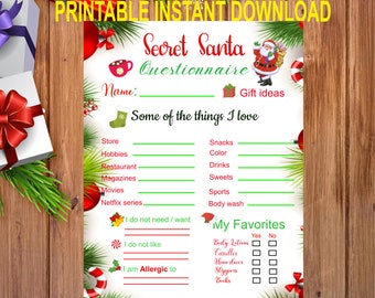 Secret Santa Questionnaire (amigo Secreto) Printable -PDF Instant ...