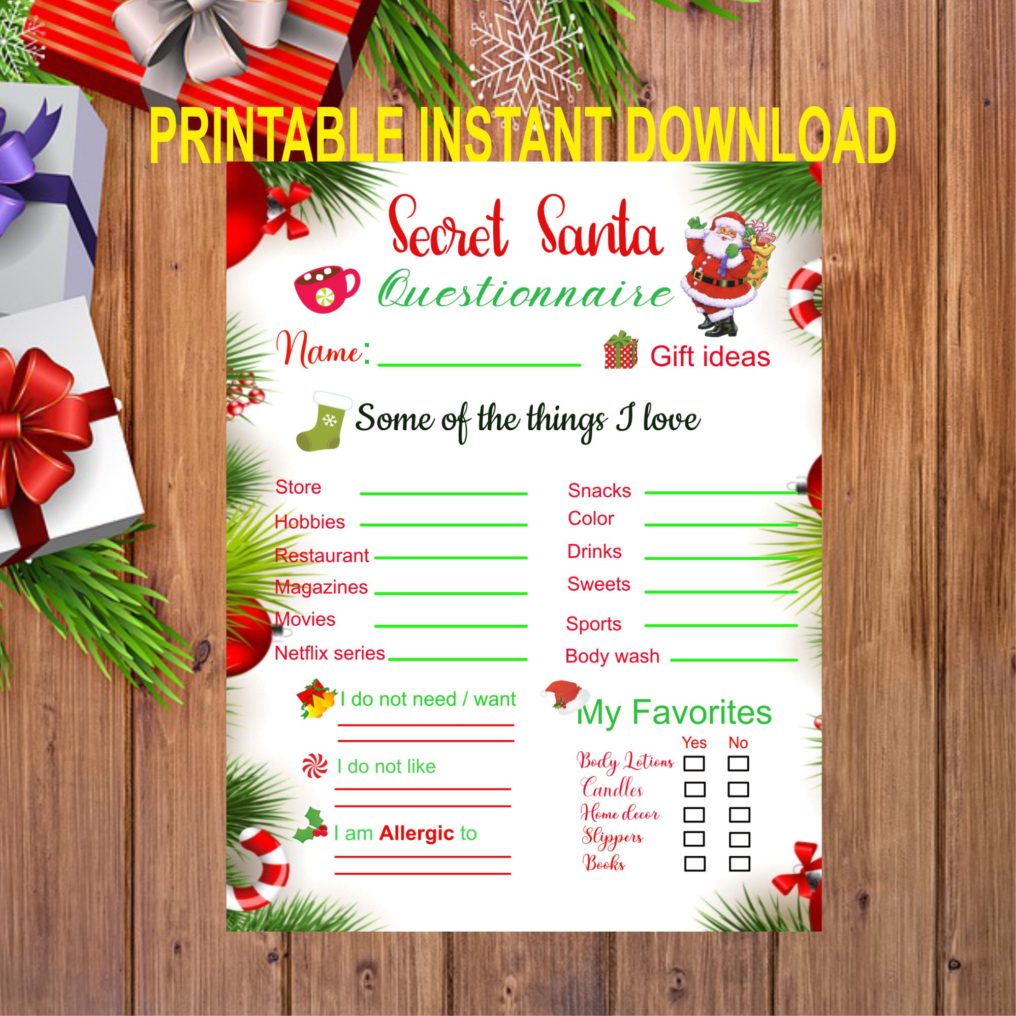 Secret Santa Questionnaire Printable -PDF Instant Download - Etsy