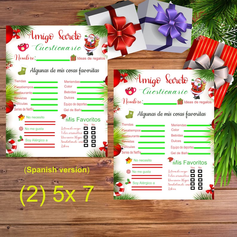 Secret Santa Questionnaire (amigo Secreto) Printable -PDF Instant ...