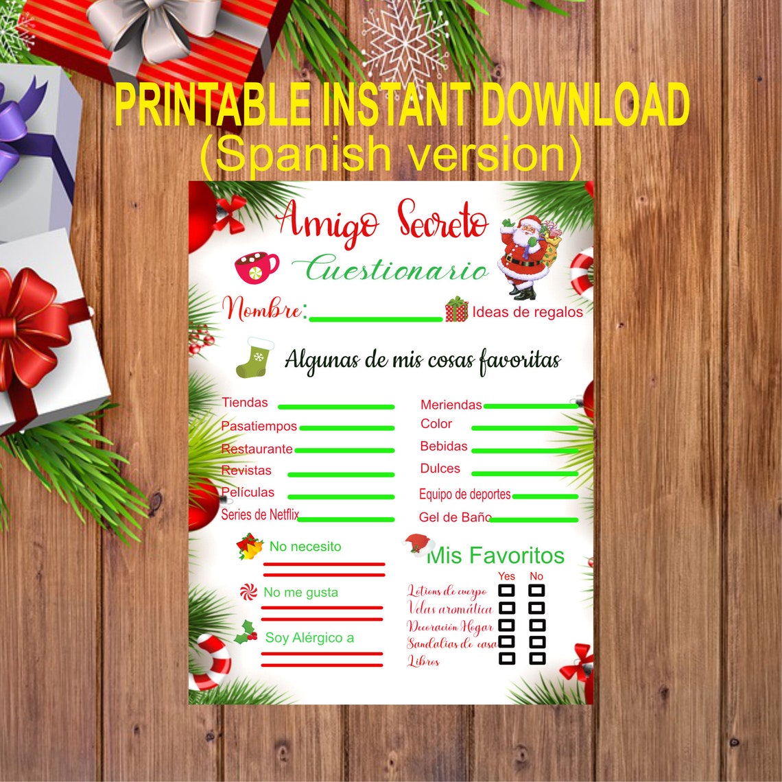 Secret Santa Questionnaire (amigo Secreto) Printable -PDF Instant ...