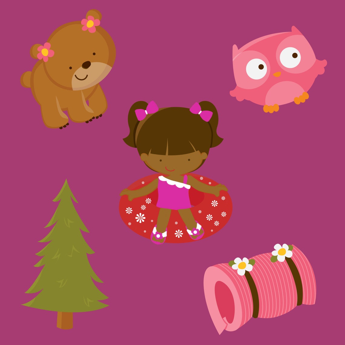 Pink Camping Clipart, Summer Camping Clipart, Campfire, Tent, Camper ...