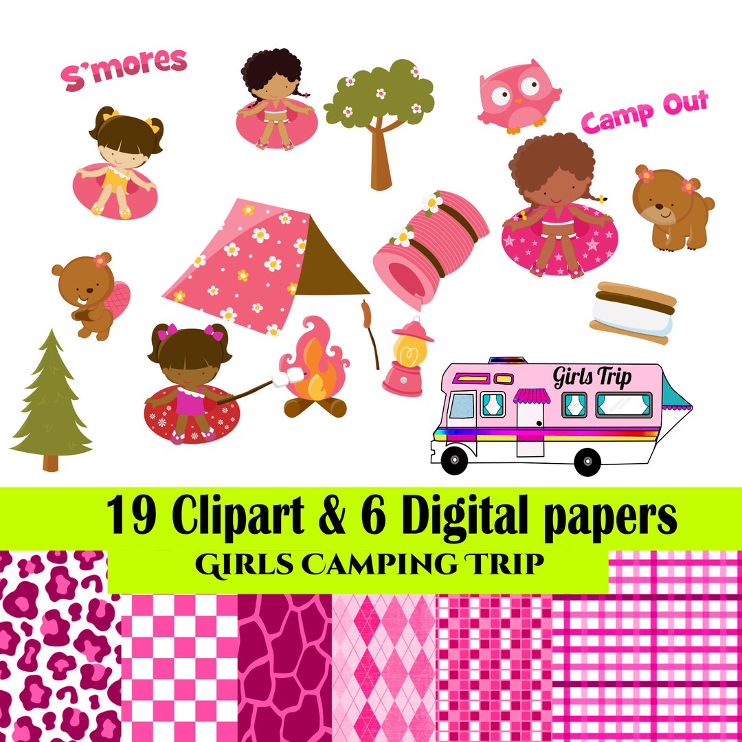 Pink Camping Clipart, Summer Camping Clipart, Campfire, Tent, Camper ...