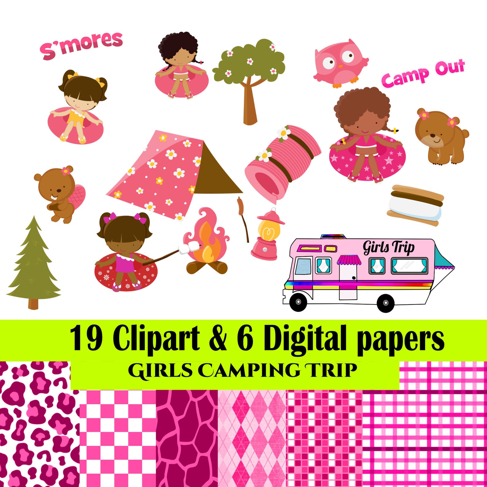 Pink Camping Clipart, Summer Camping Clipart, Campfire, Tent, Camper ...