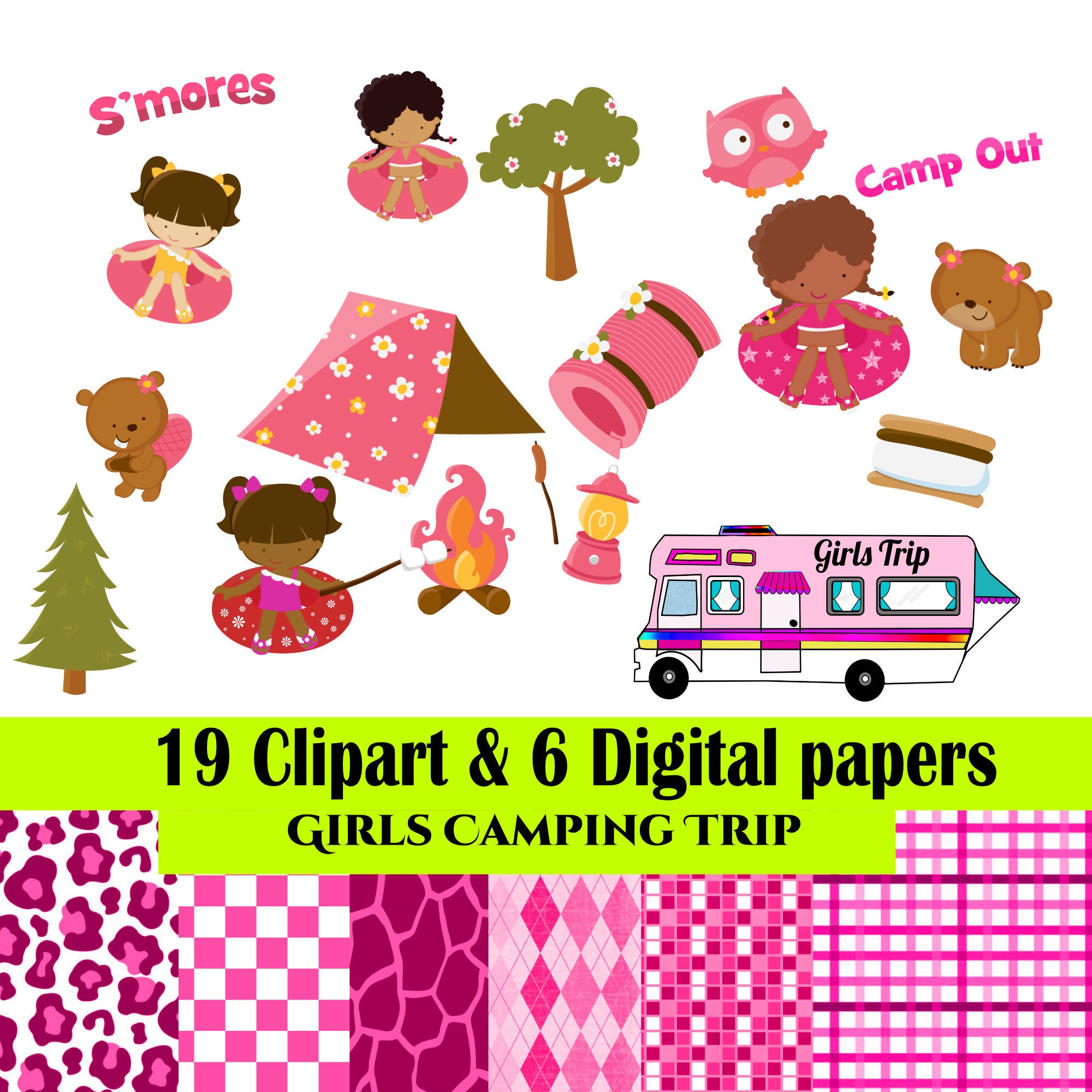 Pink Camping Clipart, Summer Camping Clipart, Campfire, Tent, Camper ...