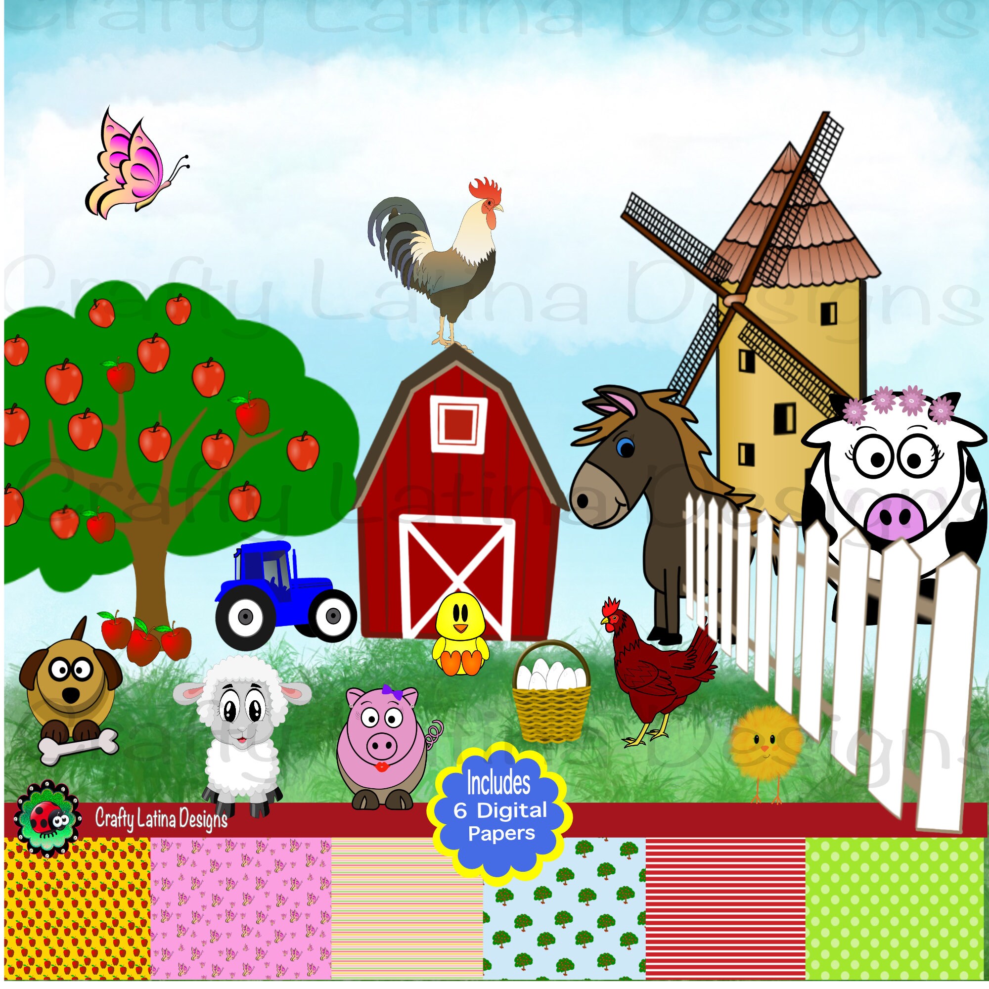 Farm Animal Clipart Set, Digital Paper, Animal Clipart, Red Barn ...