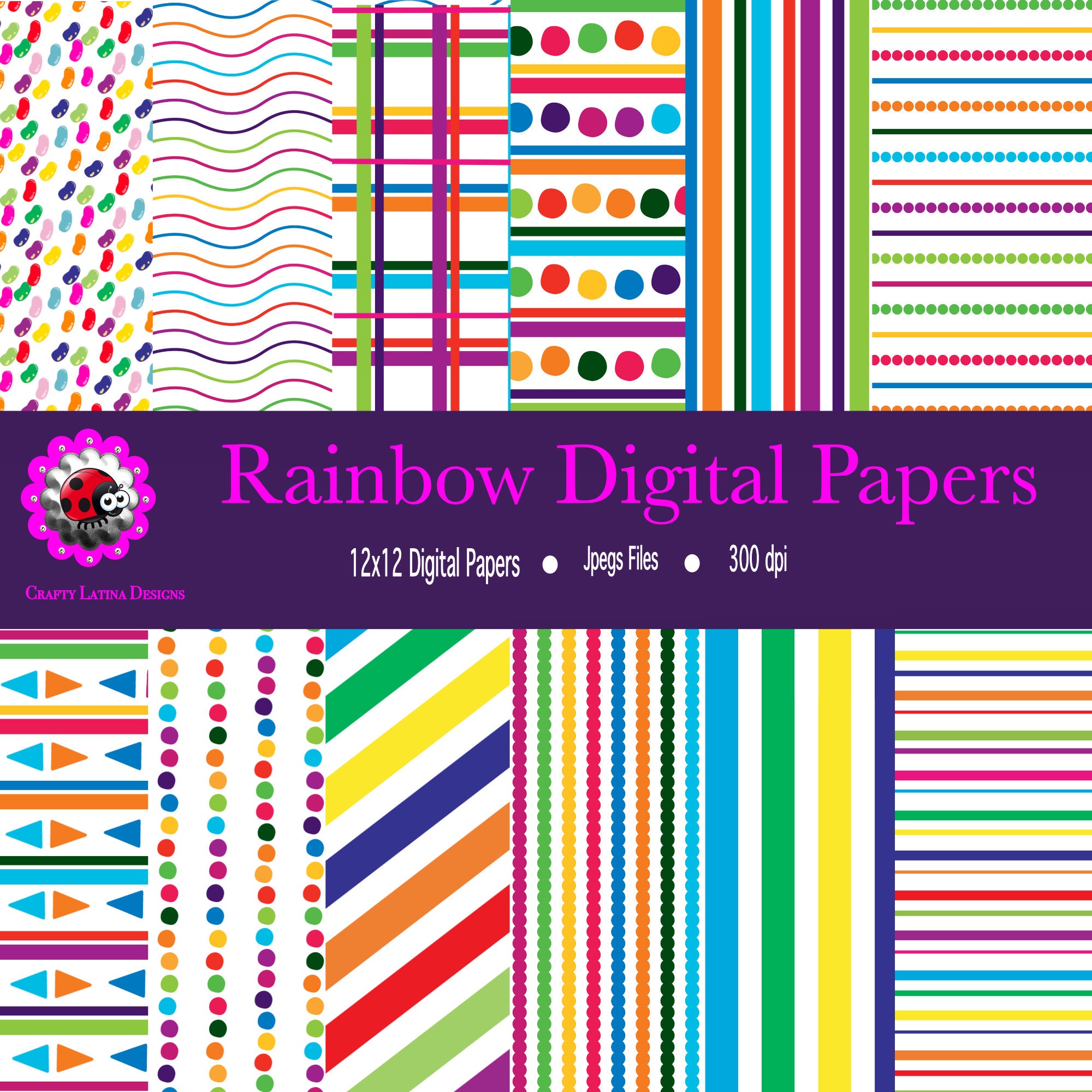 Rainbow Digital Papers Rainbow Scrapbooking Paper Pack Striped Polka ...