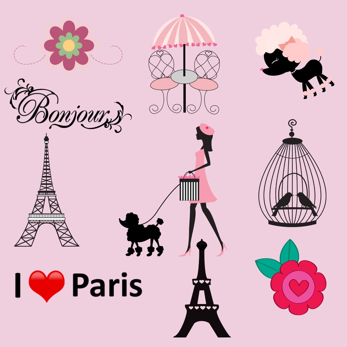 Paris Clipart, Pink Paris Clipart, Eiffel Tower Clipart, French Poodle ...