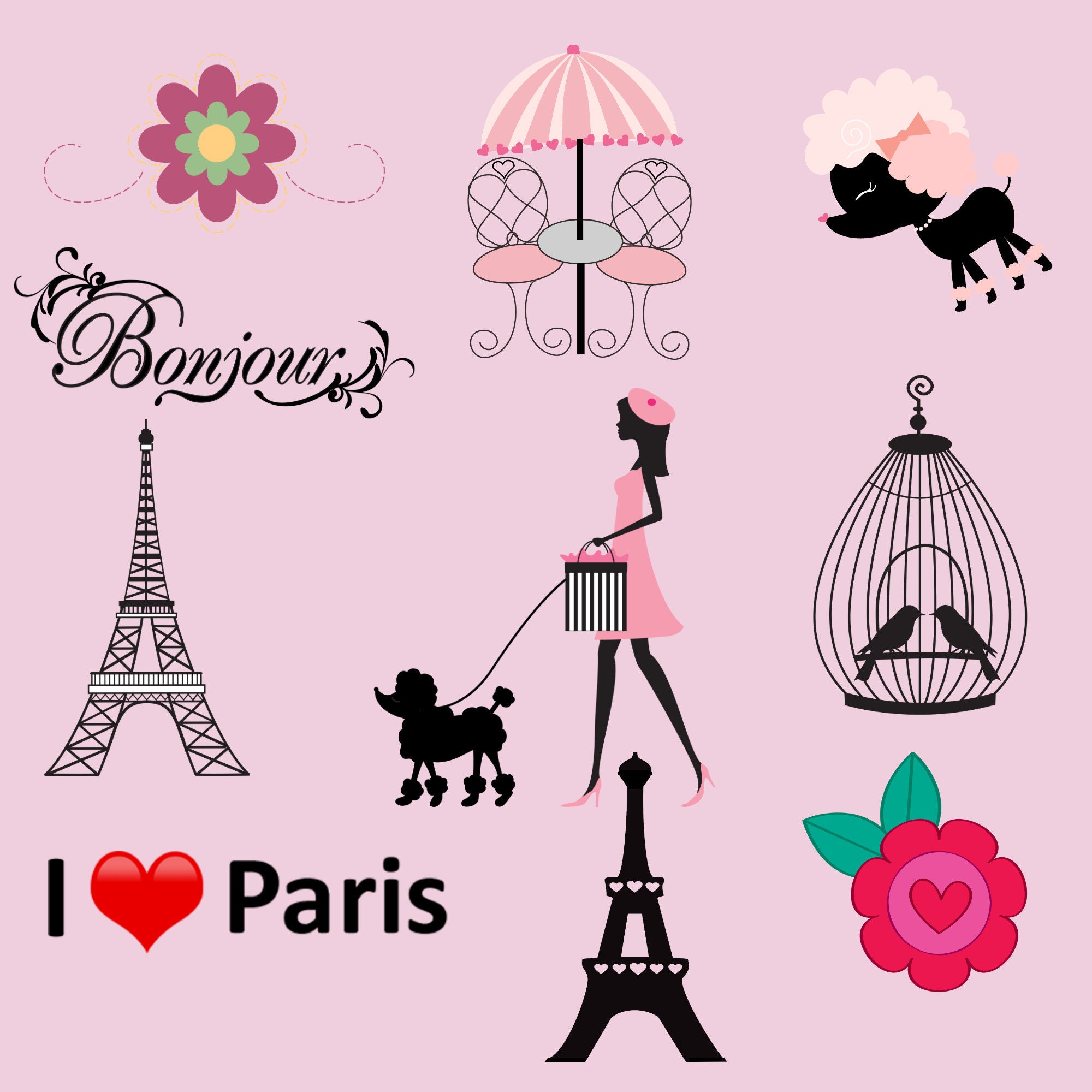 Paris Clipart, Pink Paris Clipart, Eiffel Tower Clipart, French Poodle ...