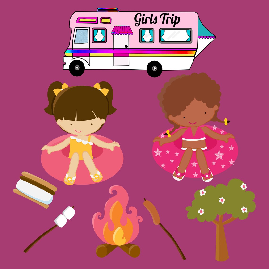 Pink Camping Clipart, Summer Camping Clipart, Campfire, Tent, Camper ...
