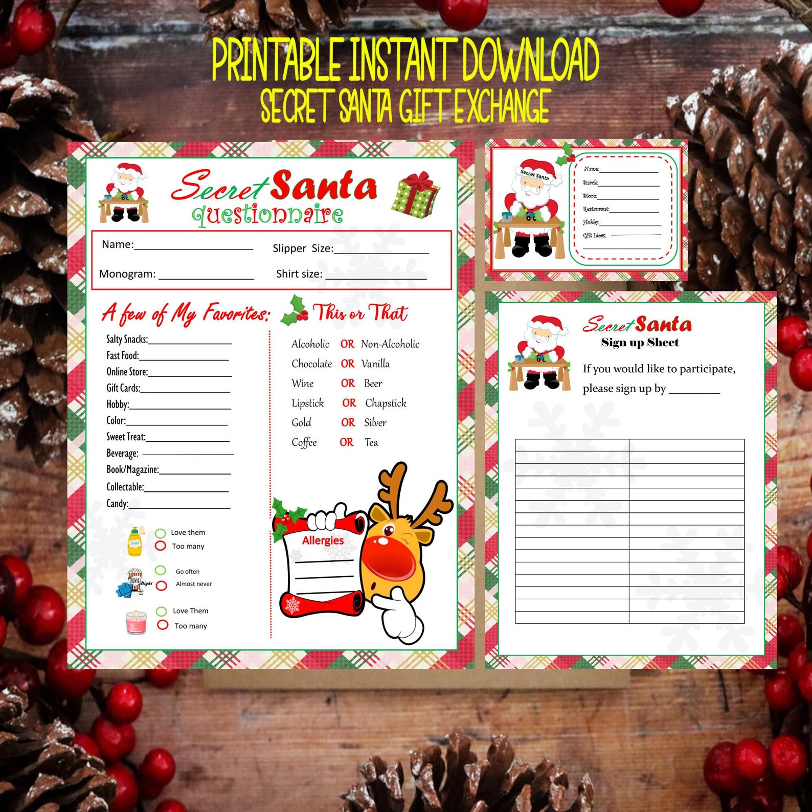 Secret Santa Reindeer Questionnaire Kit Printable -PDF Instant Download ...