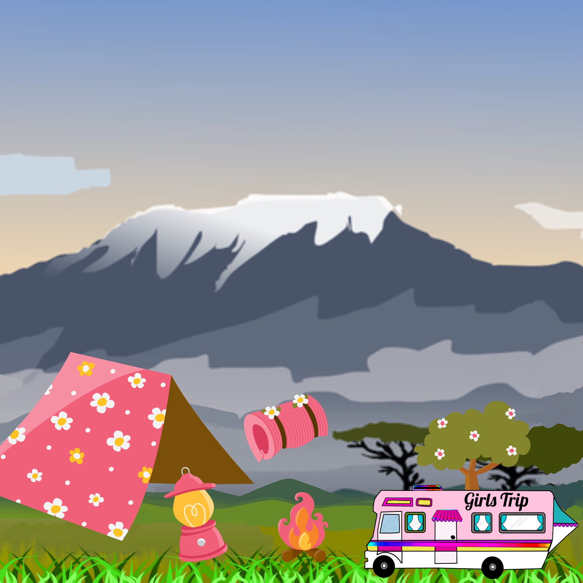 Pink Camping Clipart, Summer Camping Clipart, Campfire, Tent, Camper ...