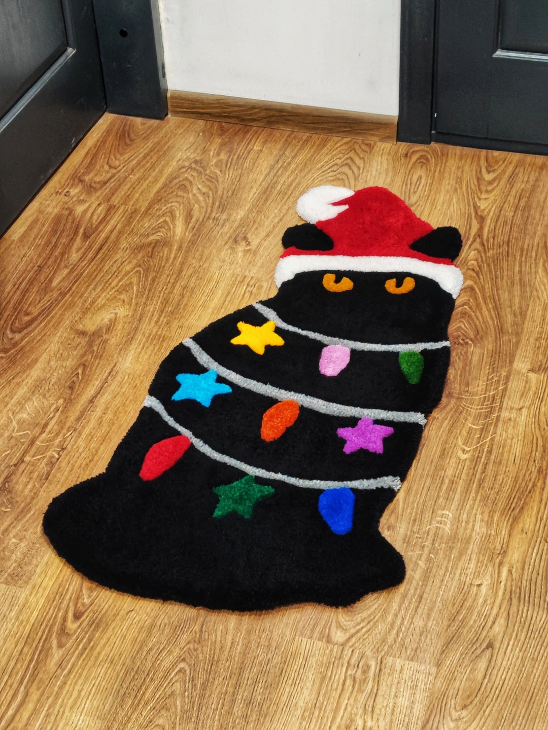 Christmas Decor Tufted Rug - Black Cat Handmade Tufted Rug, Christmas ...
