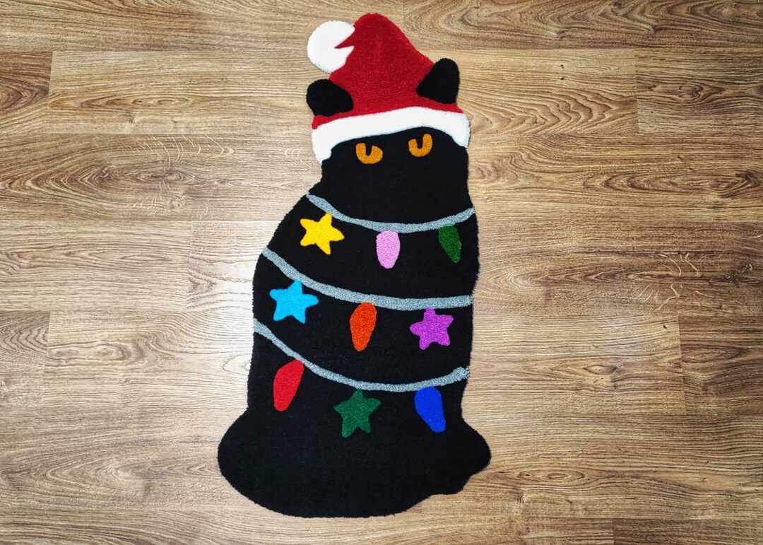 Christmas Decor Tufted Rug Black Cat Handmade Tufted Rug, Christmas ...