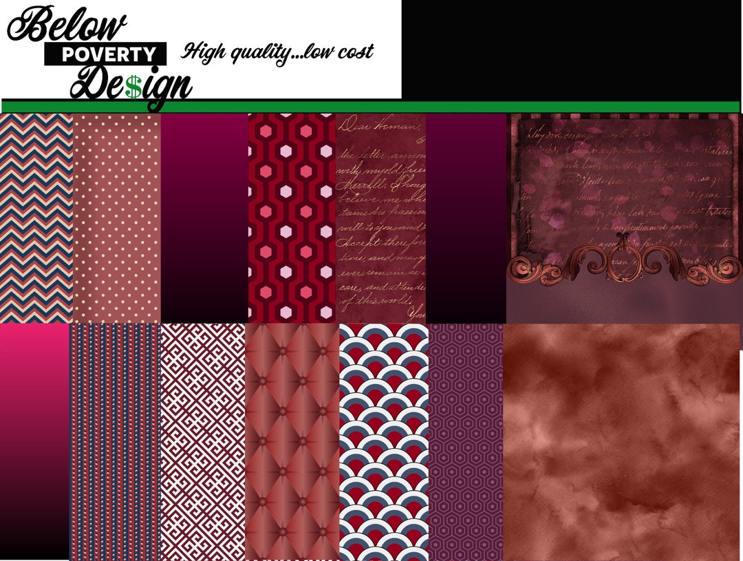 Burgundy Digital Scrapbook Album Paper Set - 14 Digital Paper Patterns ...