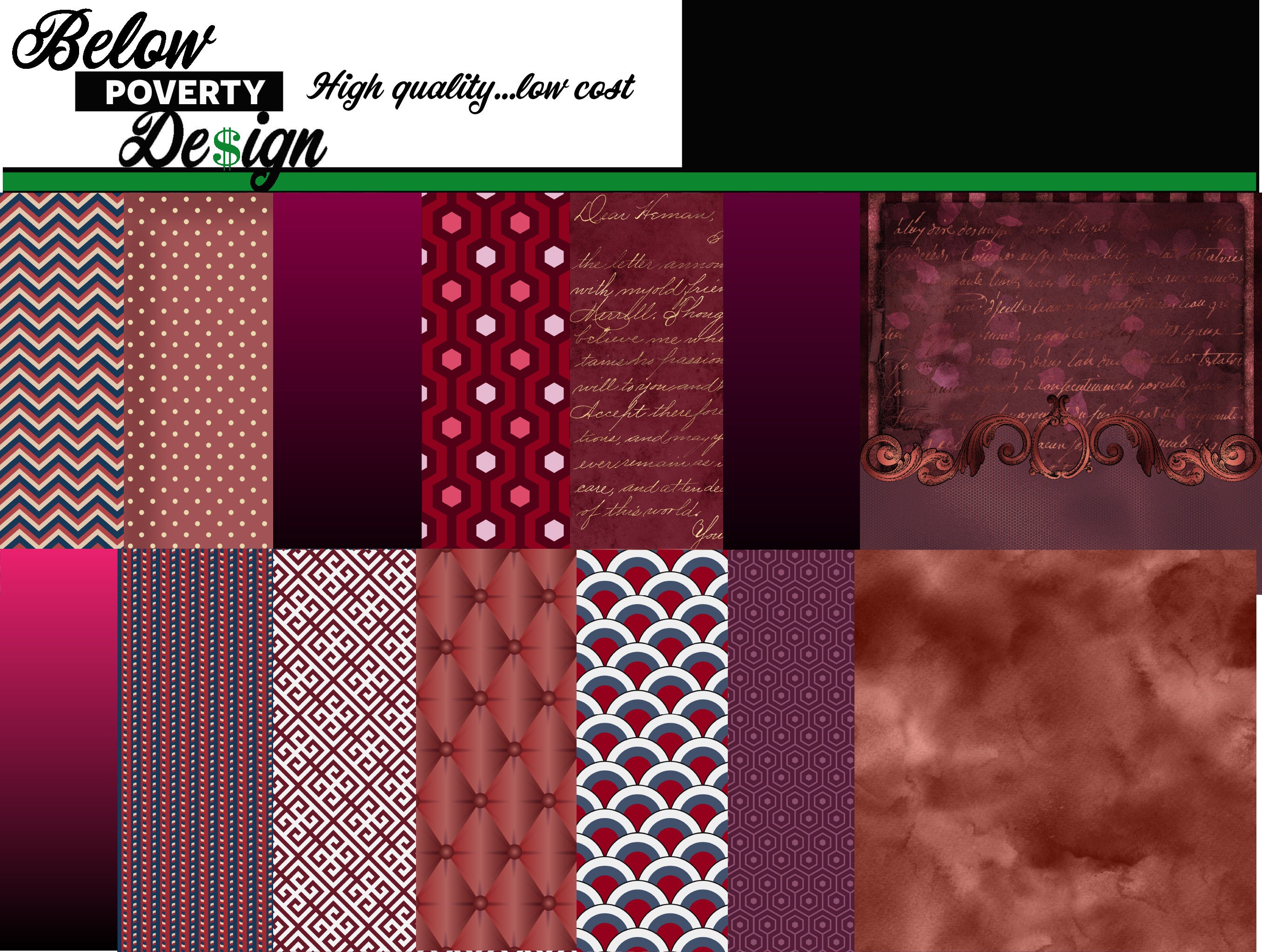 Burgundy Digital Scrapbook Album Paper Set - 14 Digital Paper Patterns ...