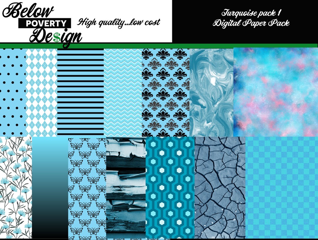 Turquoise Printable Paper Pack - 14 Turquoise Blue Digital Scrapbooking ...