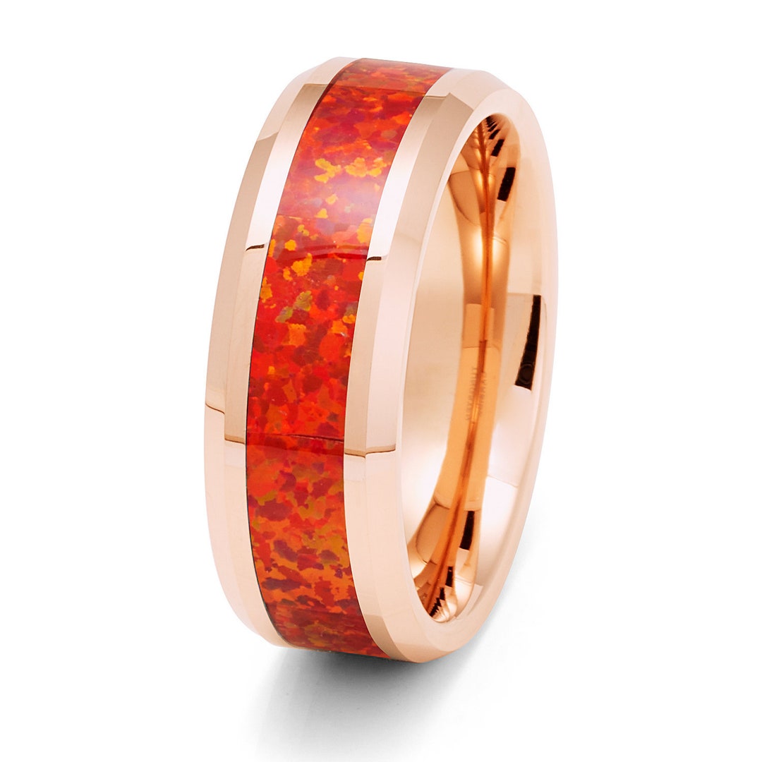 Orange Opal Wedding Ring,rose Gold Tungsten Ring,8mm Tungsten Wedding ...