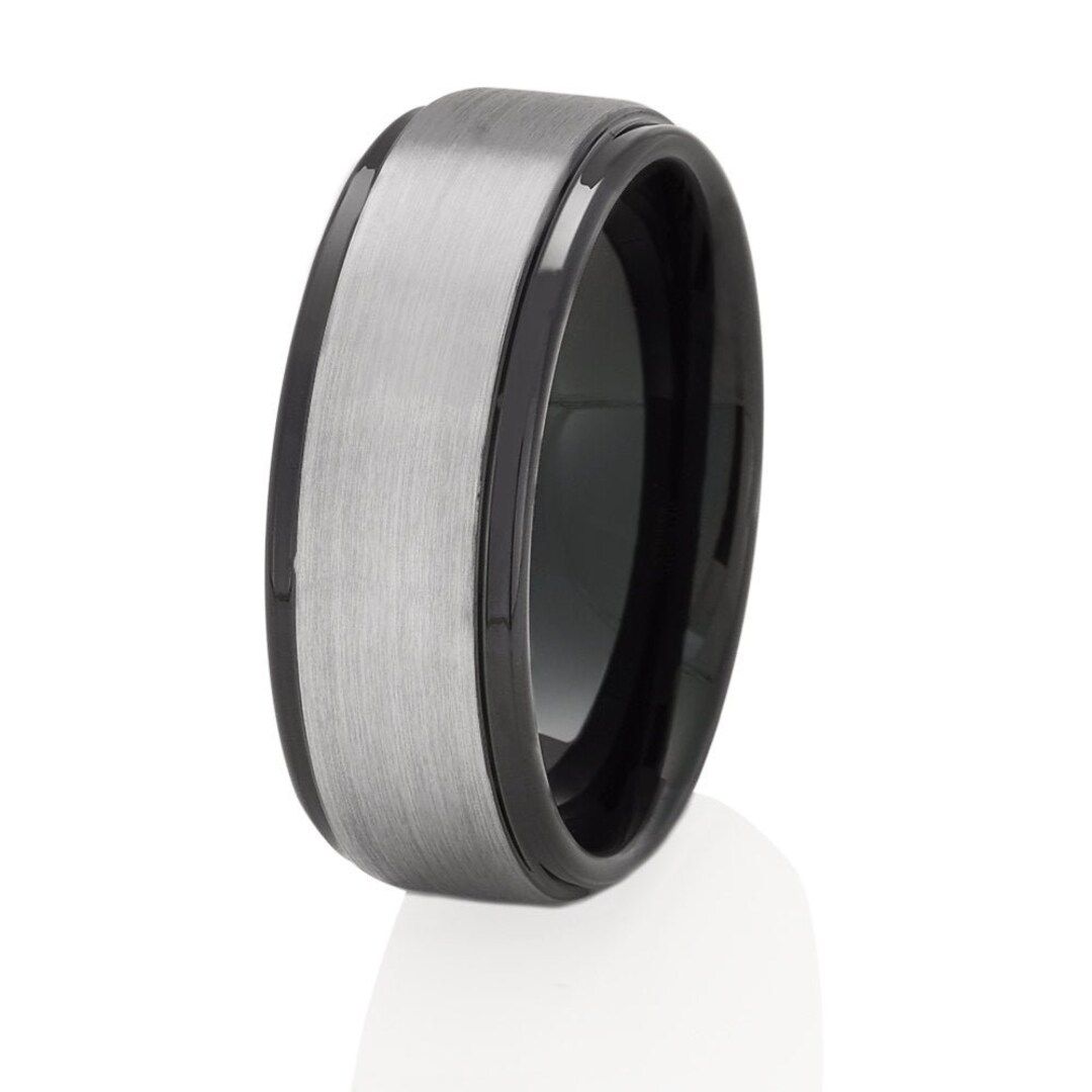 Gray Brush Tungsten Wedding Ring: Black IP Plated, Comfort Fit - Etsy