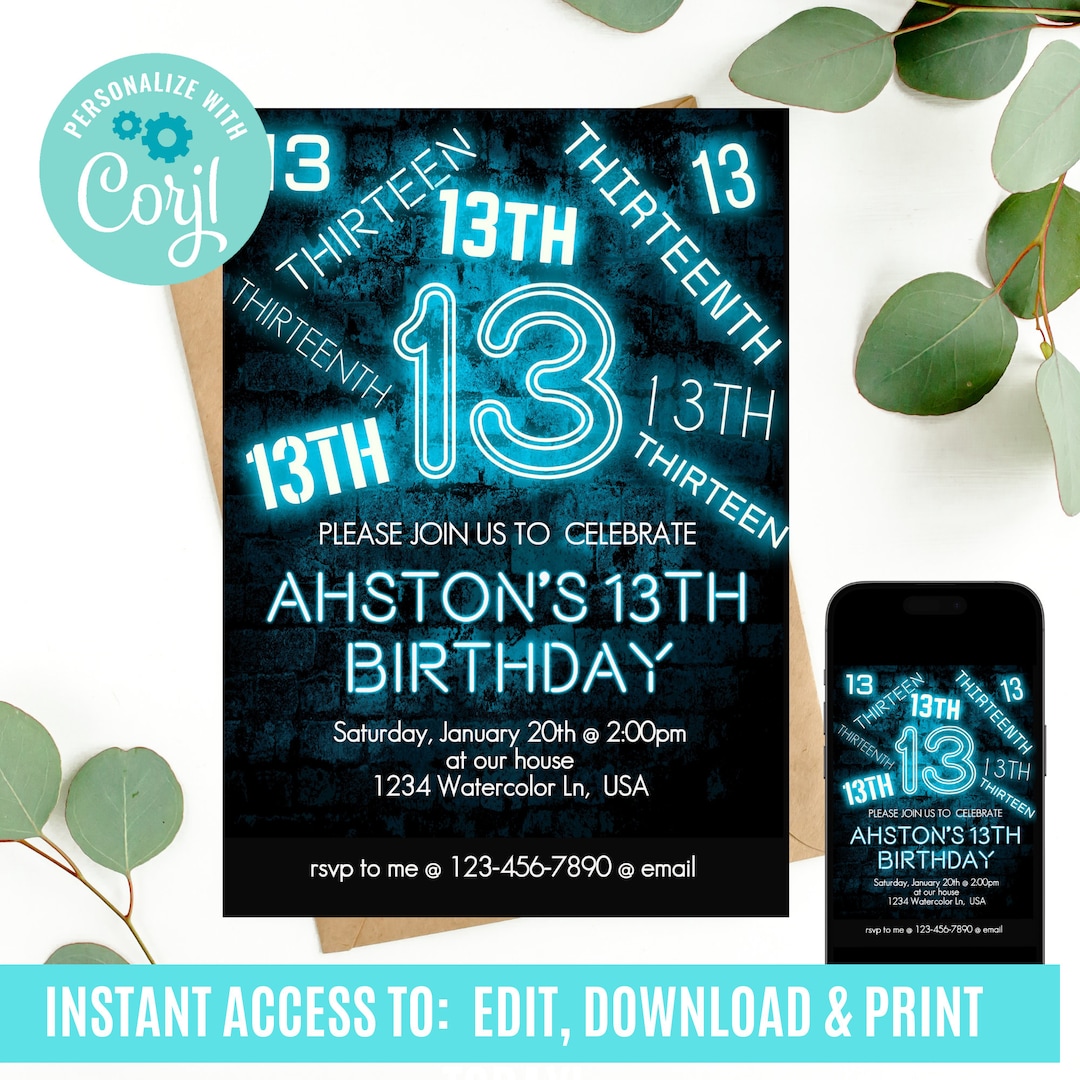 13th Birthday, 13th Birthday Invitation, Birthday Invitation, Birthday ...