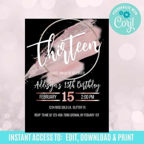 13th Birthday Girl Invitations Teen Birthday Invitation - Etsy