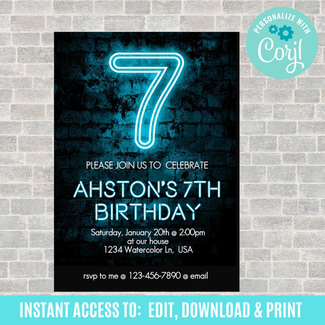 Any Age Neon Light Birthday Invitation 7th Birthday - Etsy