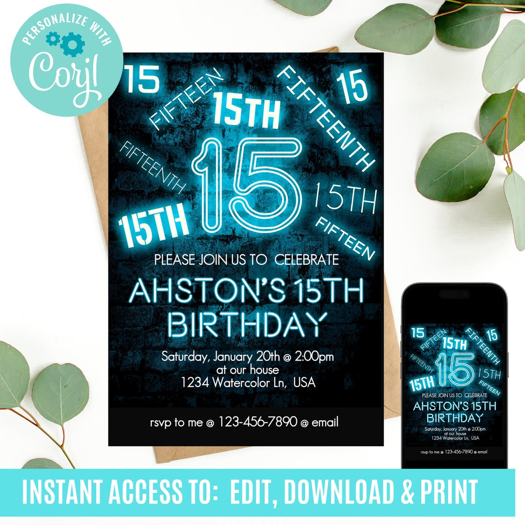 Neon Blue 15th Birthday Invitation, Text Party Invite, Blue Black ...