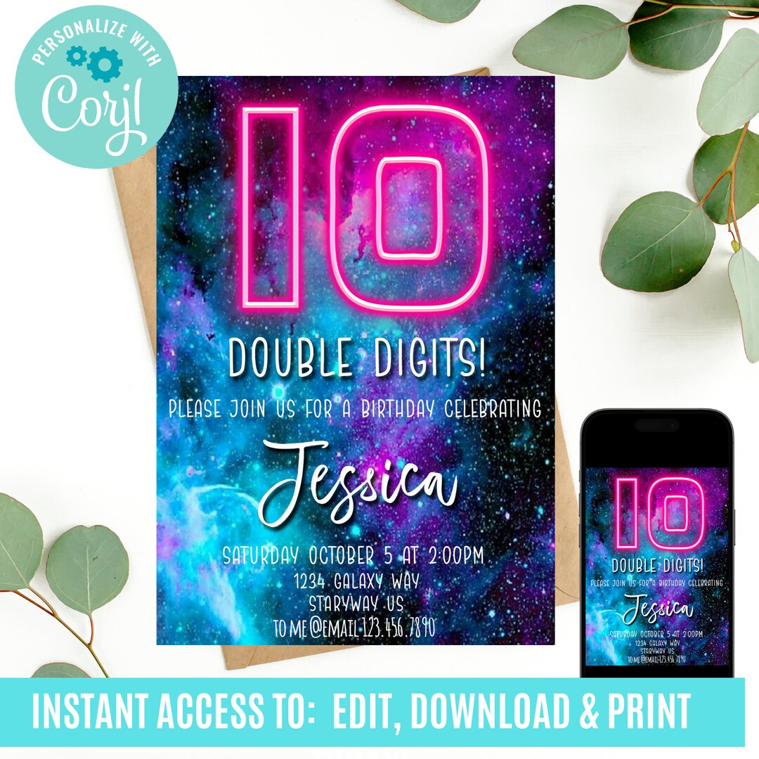 Galaxy Birthday Invitation, Double Digits Invitation, Tenth Birthday ...
