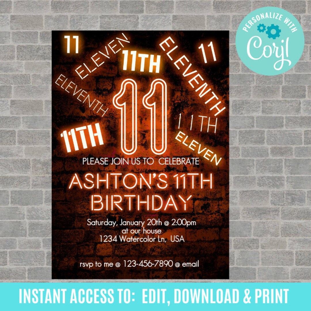 11th Birthday, 11th Birthday Invitation, Birthday Invitation, Birthday Invitations for Boys ...