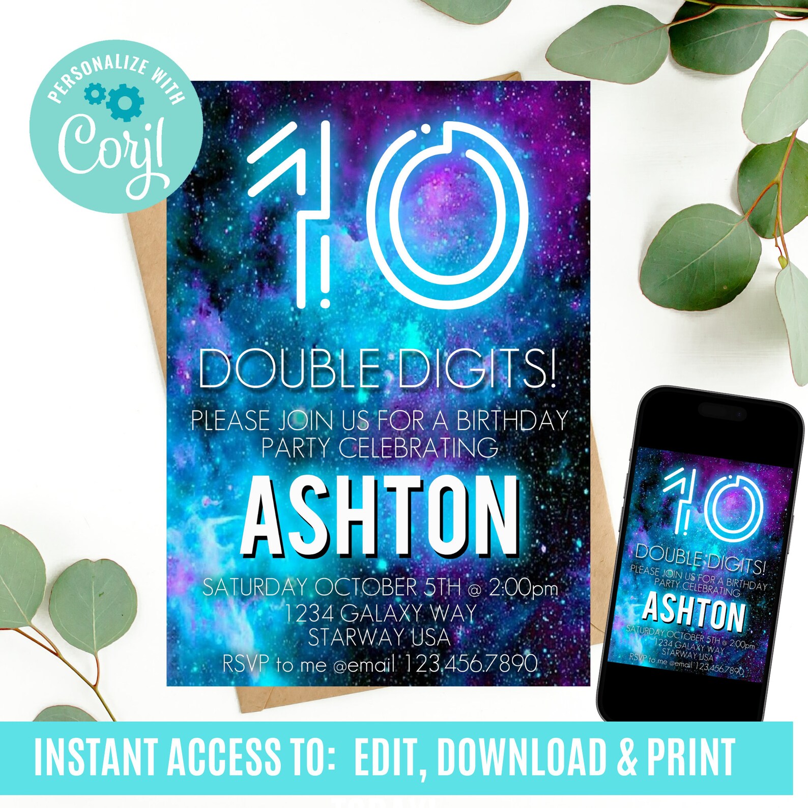 Galaxy Birthday Invitation, Double Digits Invitation, Tenth Birthday ...