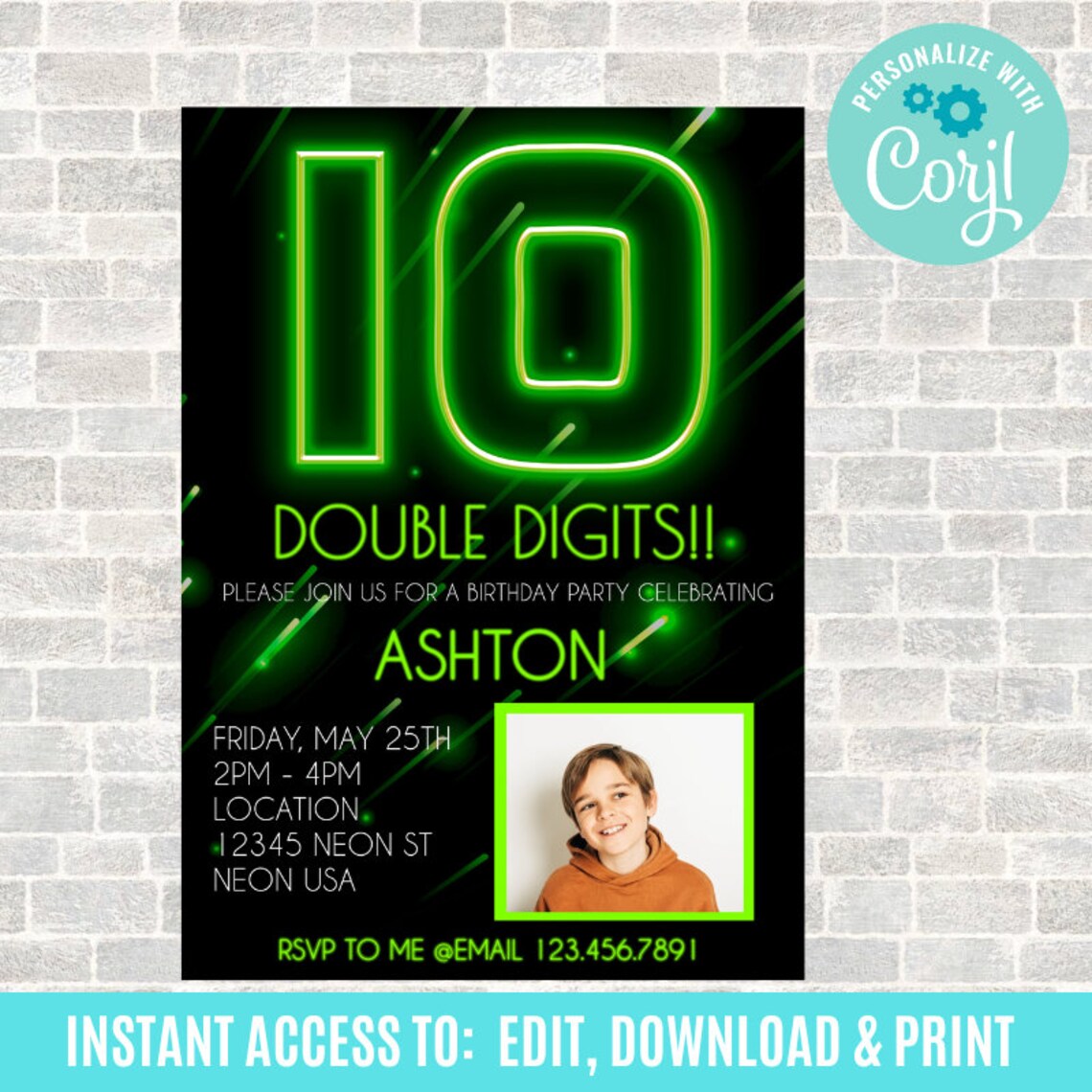 Neon Light Birthday Invitation 10th Birthday Invitation - Etsy