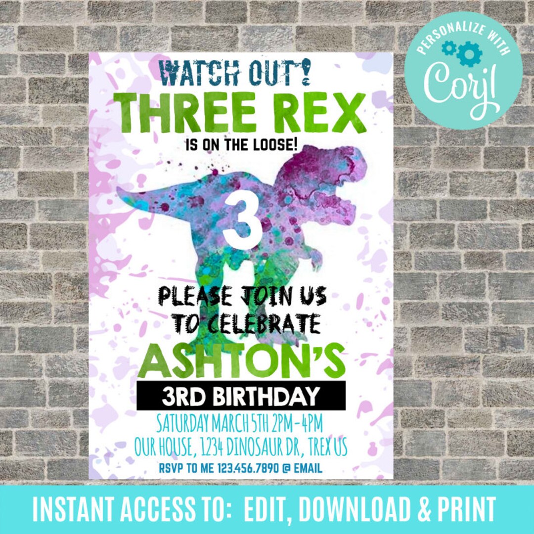 Dinosaur Birthday Invitation, Three Rex Invitation, Three Rex Birthday ...
