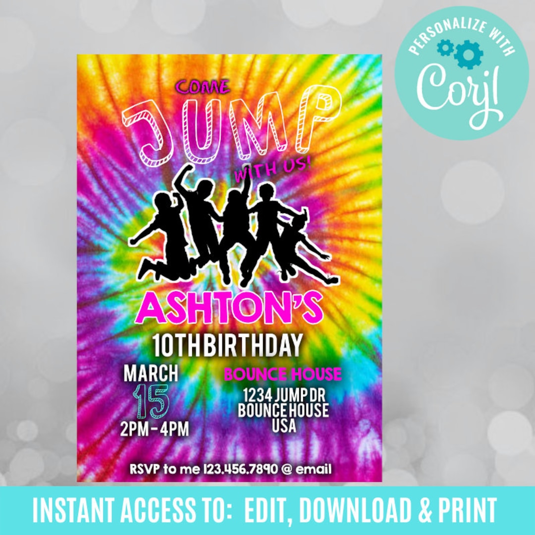 Editable Jump Birthday Party Invitation Tie Dye Jump Birthday Party ...