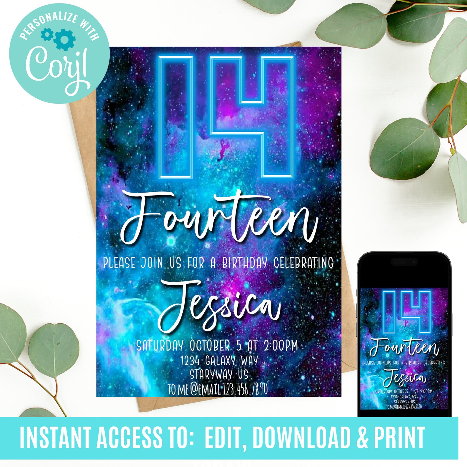 Galaxy Birthday Invitation, 14th Birthday Invitation, Fourteenth ...