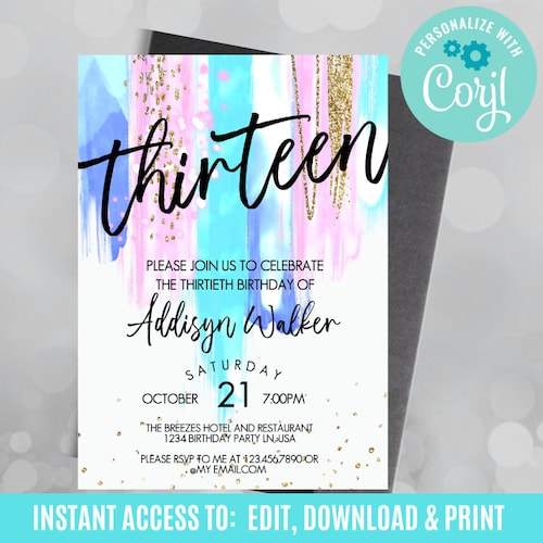 13th Birthday Invitation Girl Thirteenth Birthday Invitation - Etsy