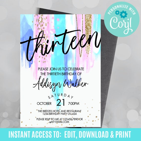 13th Birthday Invitation Girl Thirteenth Birthday Invitation - Etsy ...