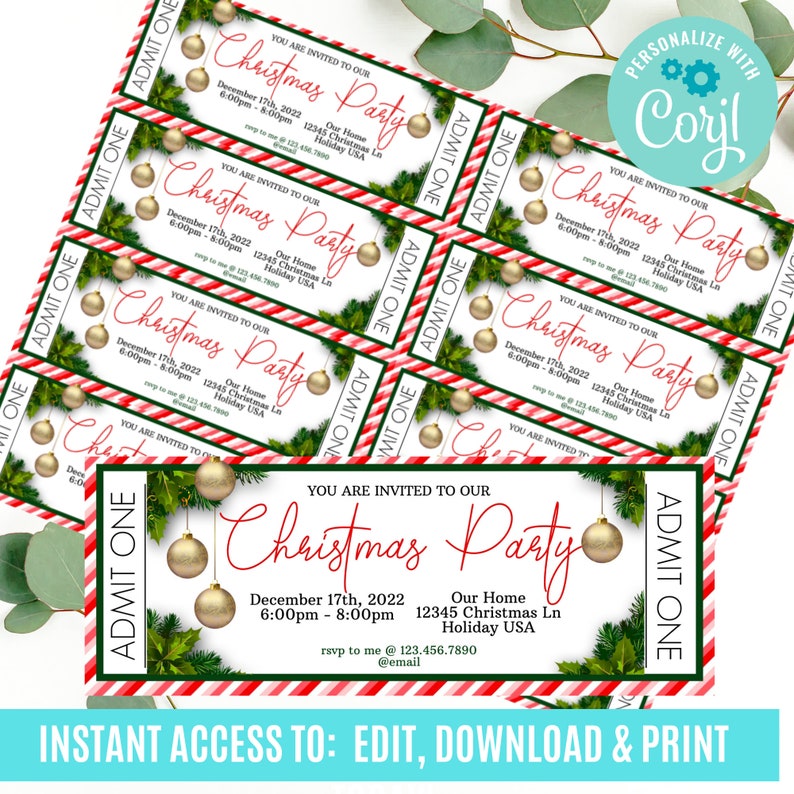 Christmas Party Ticket, Event Ticket Pintables, Editable Event Tickets ...
