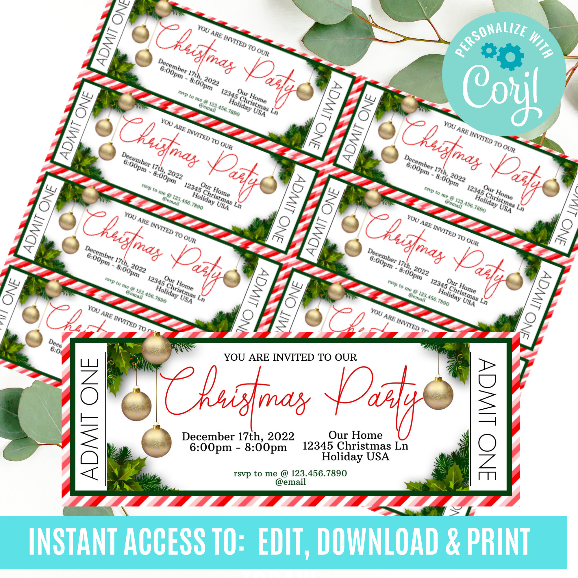 Christmas Party Ticket, Event Ticket Pintables, Editable Event Tickets ...