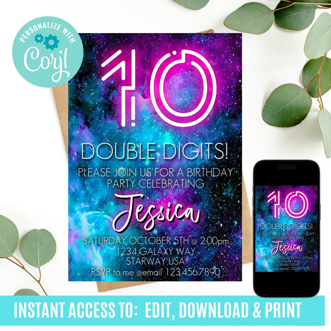 Galaxy Birthday Invitation, Double Digits Invitation, Tenth Birthday ...